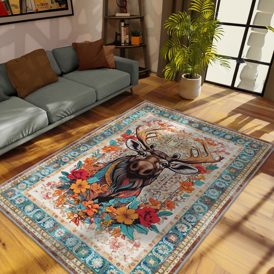 Moose Rug With Flowers for Winter Decor, Colorful Maximalist Rug for ...