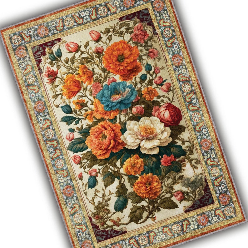 Vintage Floral Area Rug – Colorful Rose & Peony Design, Washable Living ...