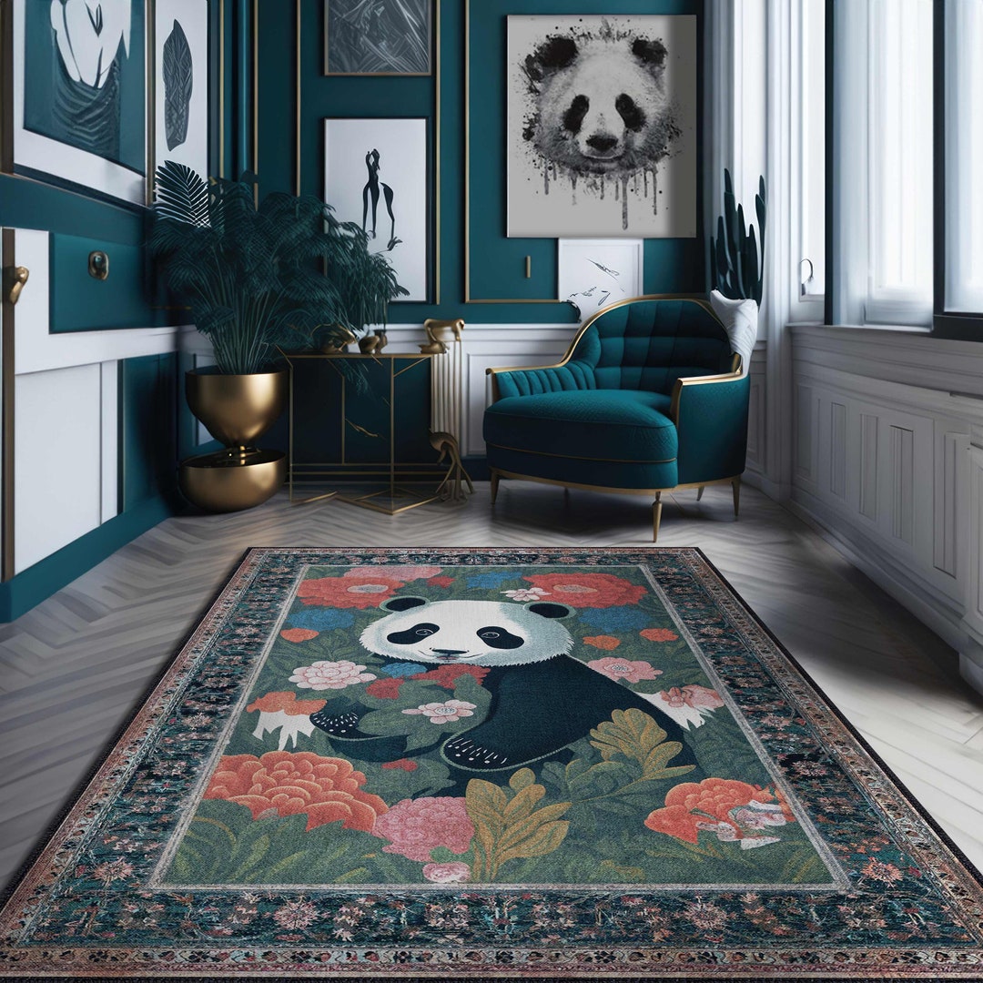 Cute Panda Rug With Colorful Flowers and A Vintage Look, Art Deco ...