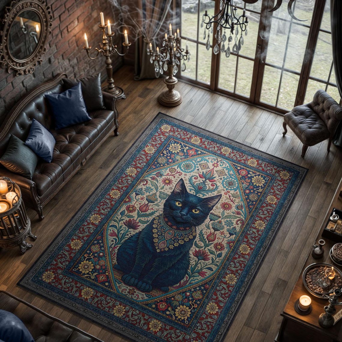 Gothic Black Cat Rug for Cottage Goth Decor, Floral Dark Academia Rug ...