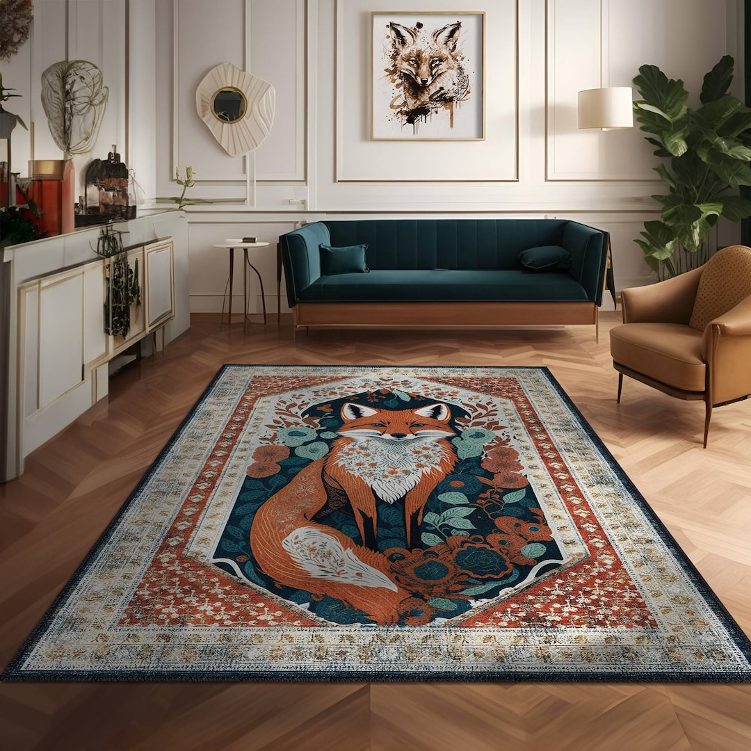Fox Rug, Farmhouse Decor, Cozy Area Rug, Living Room Rug, Cottagecore ...