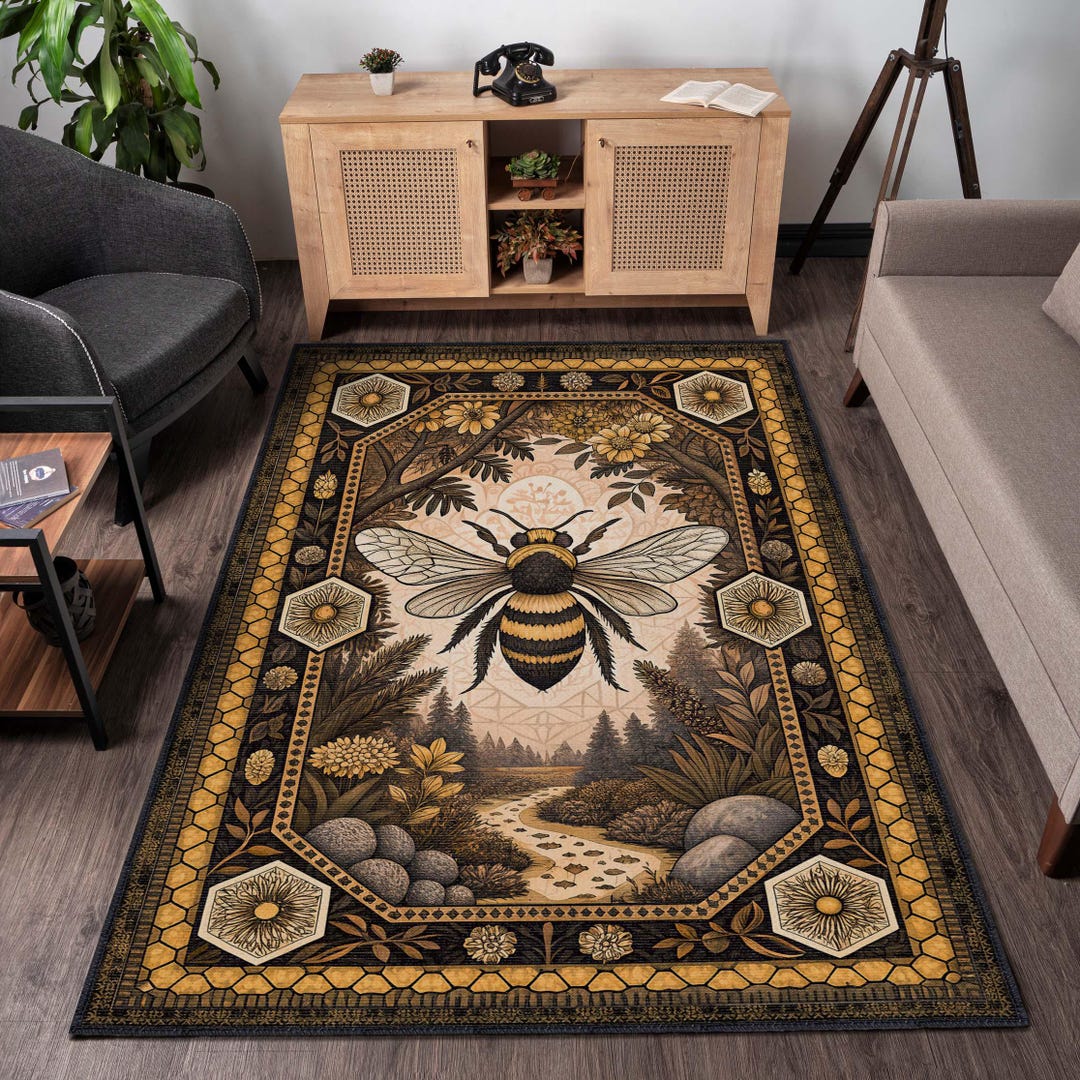 Bee Rug With Honeycomb Border, Whimsical Rug for Bee Decor, Cottagecore ...