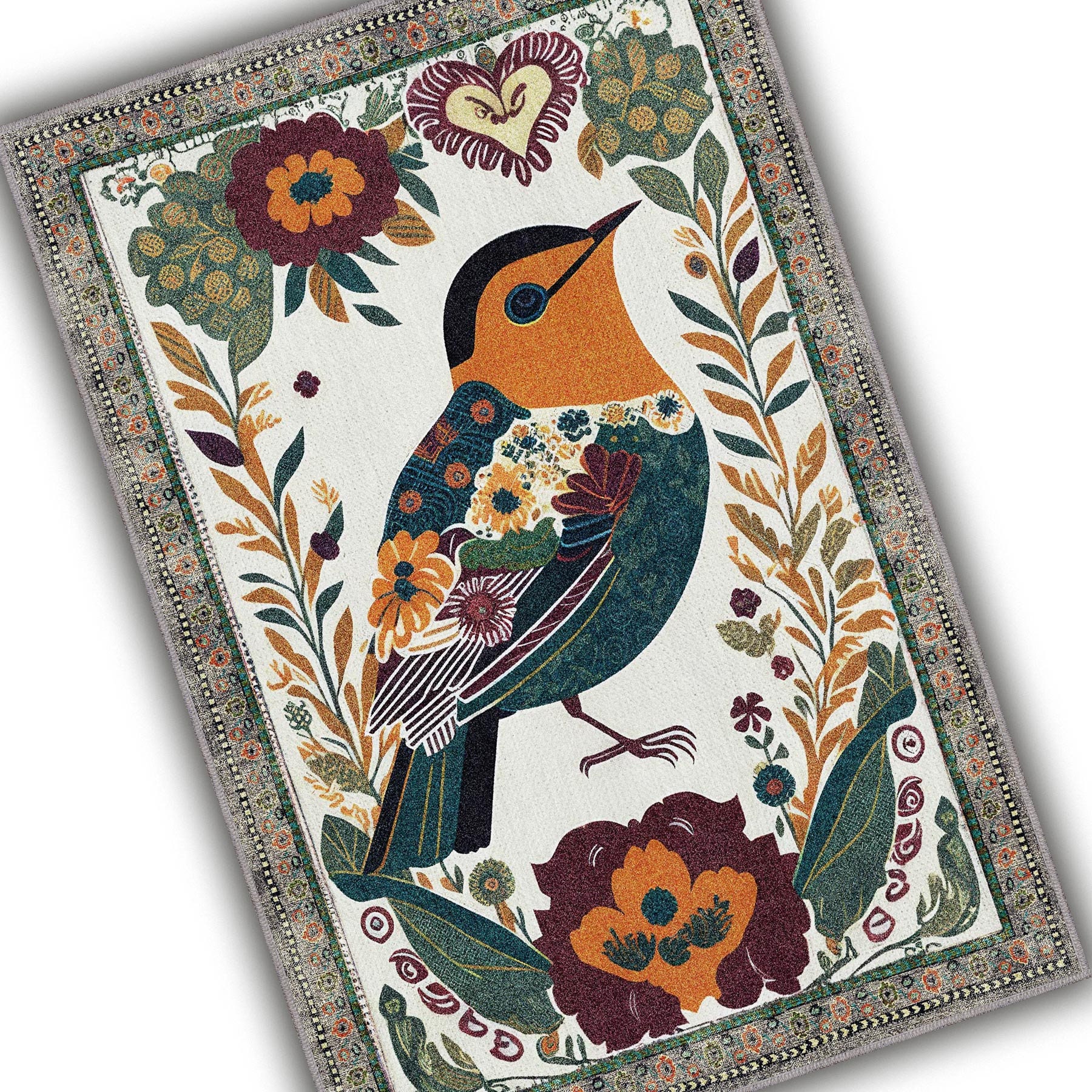Art Deco Bird Rug, Bird and Flowers Vintage Rug, Floral Persian Rug ...