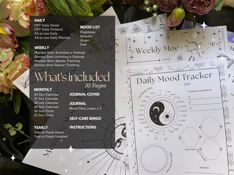 Mood Tracker Printable celestial, Yearly Monthly Weekly Daily Mood ...