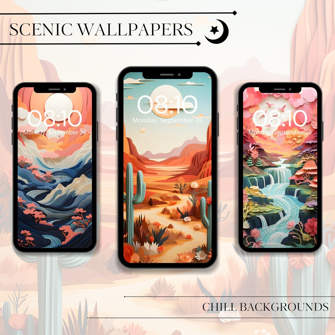 Scenic Phone Wallpaper, Desert Wallpaper, Set of 3, Waterfall Wallpaper ...