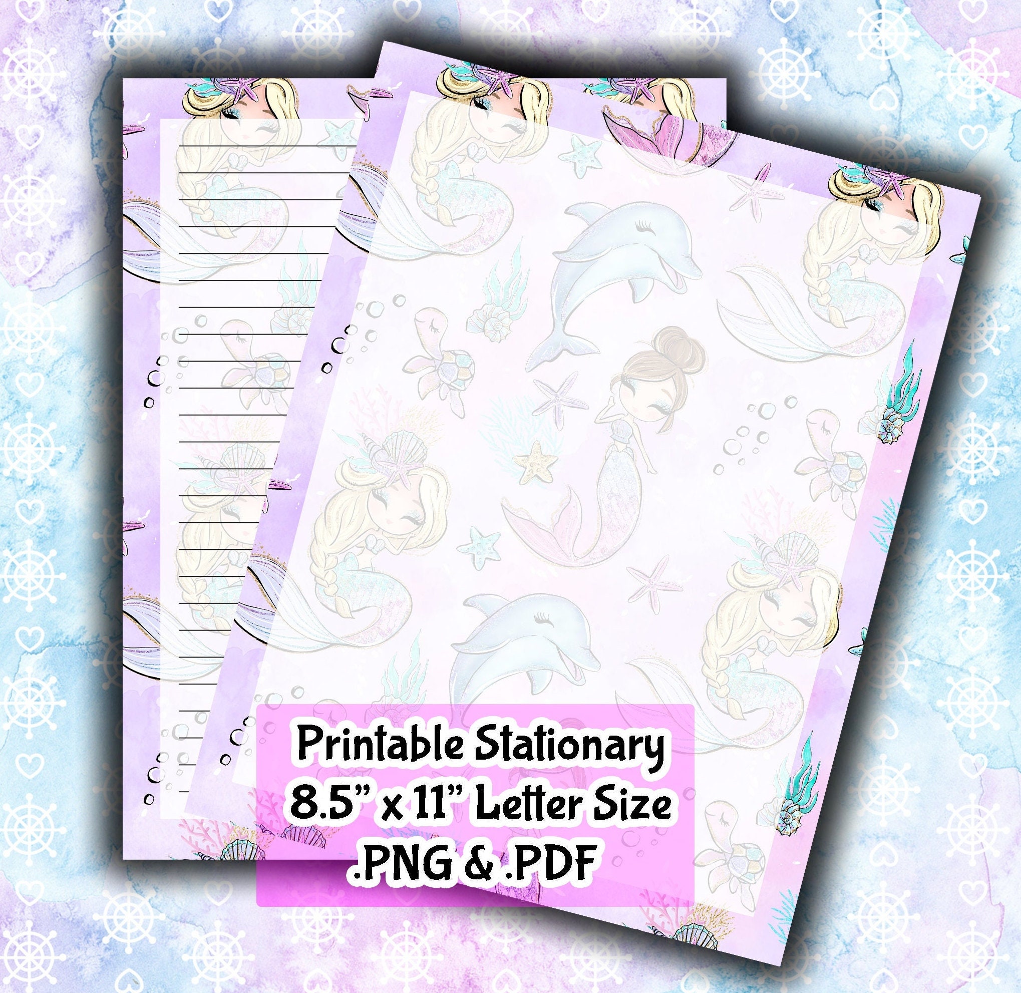 Pink MERMAIDS and Dolphins Printable Stationary Paper Bundle Digital ...