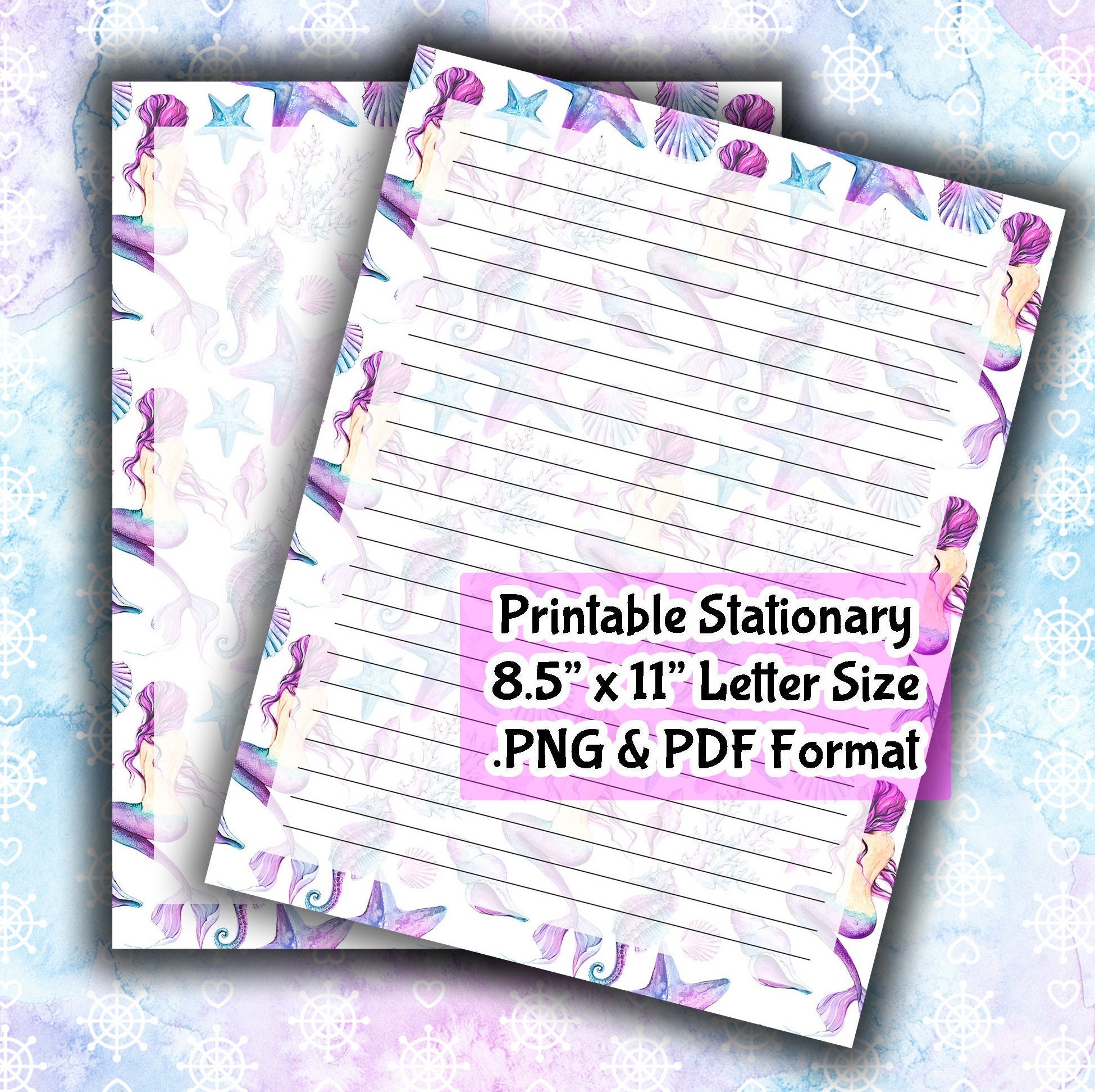 Watercolor MERMAID Purple Printable Stationary Paper Bundle Digital ...