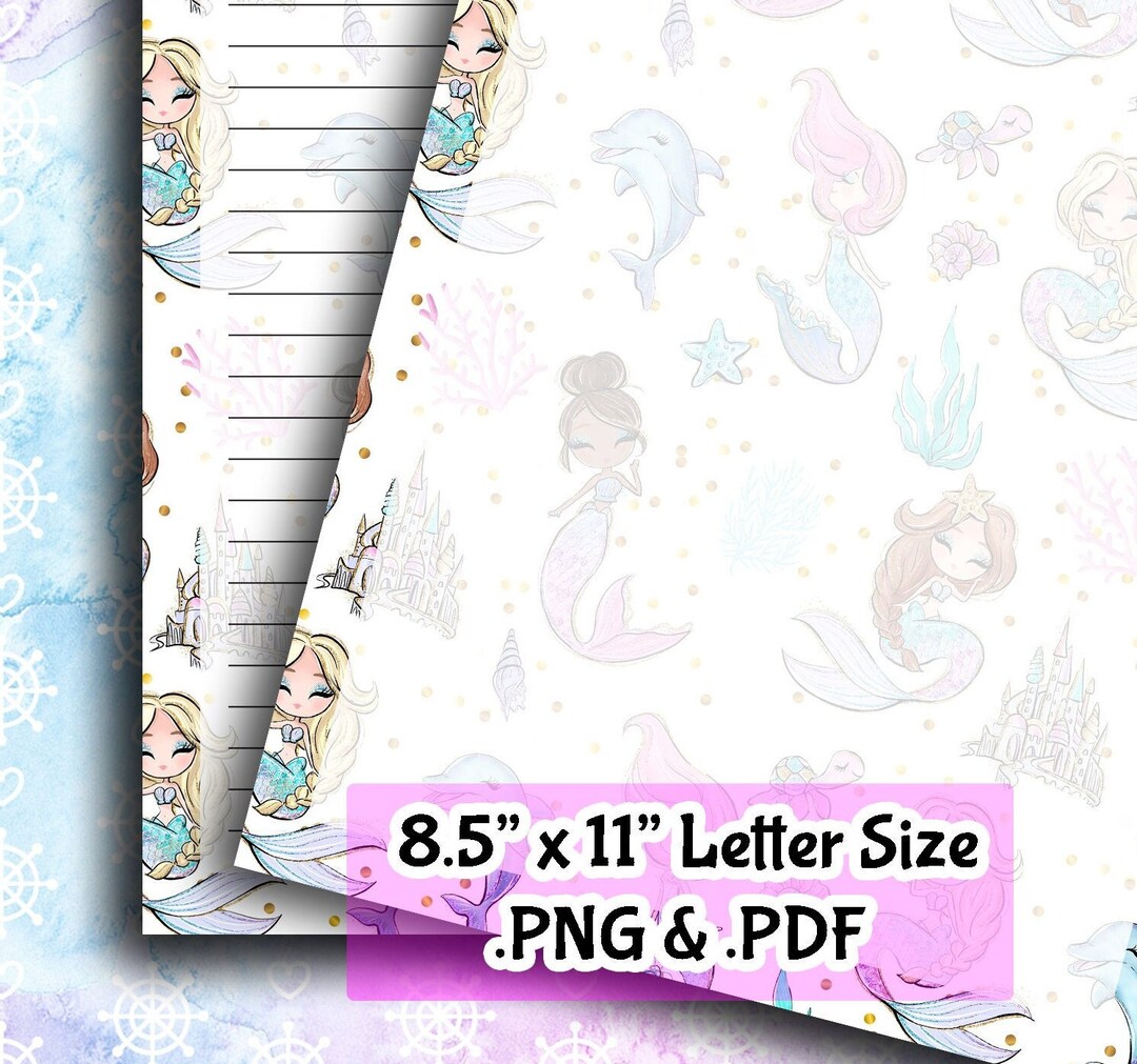Pastel MERMAIDS & Dolphins Printable Stationary Paper Bundle Digital ...