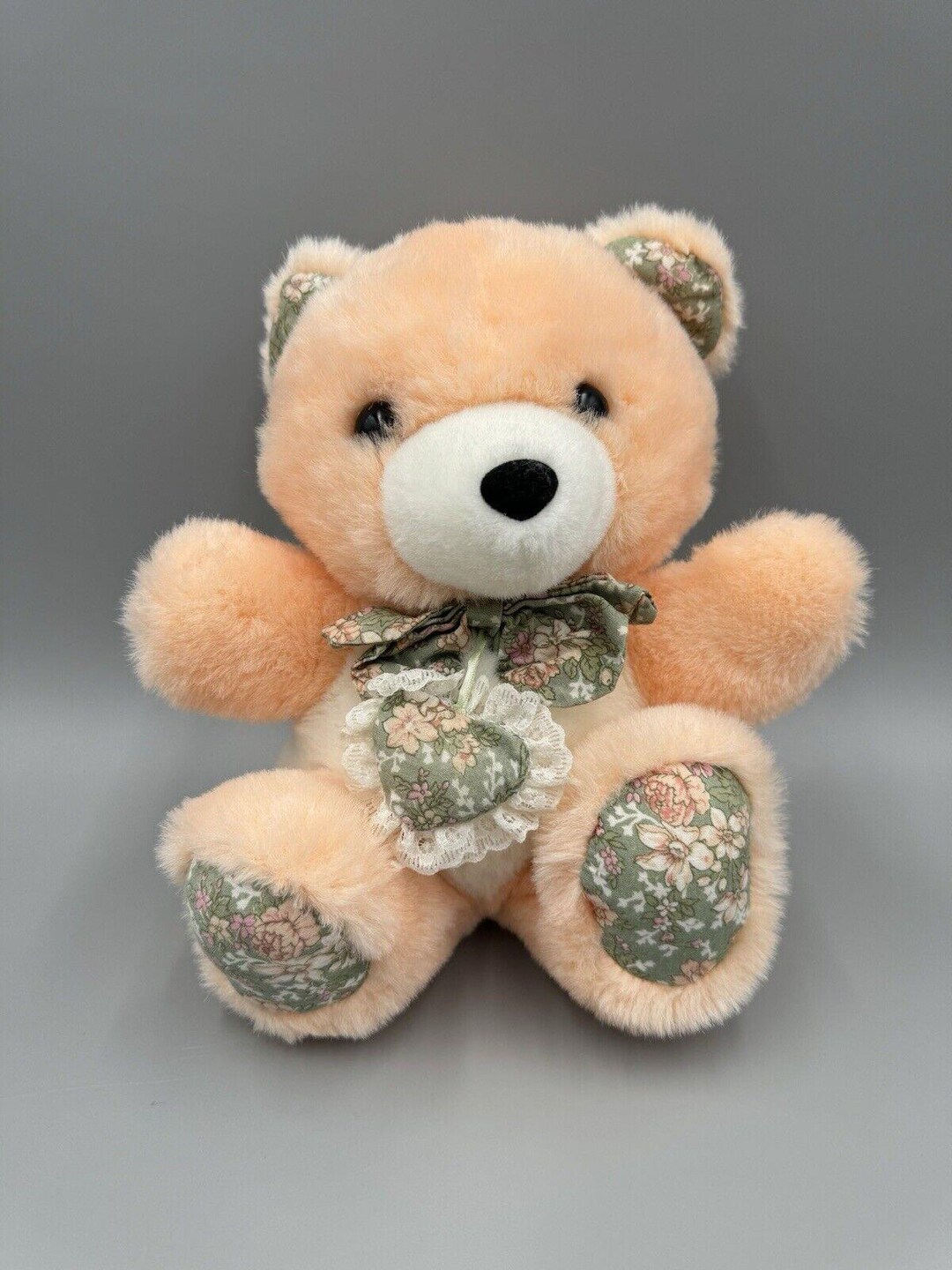 Vintage Teddy Bear Plush 8 Peach Pink Floral Ears Paws Bow Heart TB ...