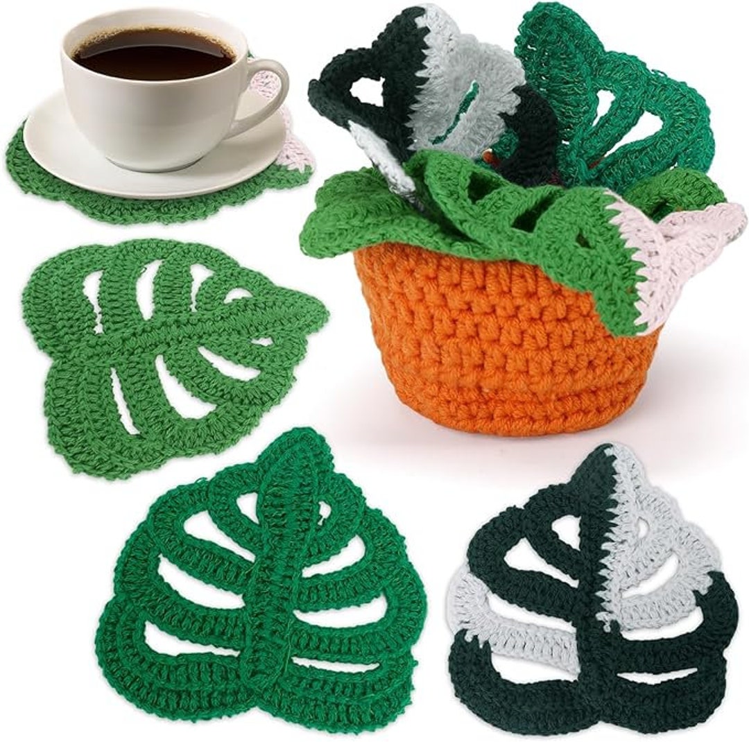 Monstera Crochet Coasters With Handmade Knitted Pot Container - Etsy