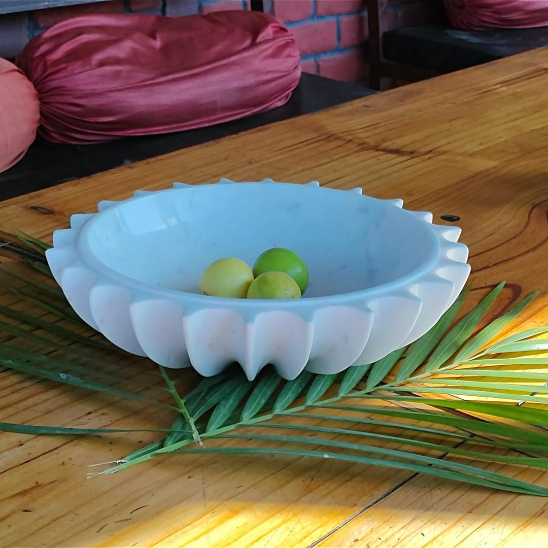 Marble Large Decorative Ruffle Bowl, White Fluted Fruit Bowl Perfect ...