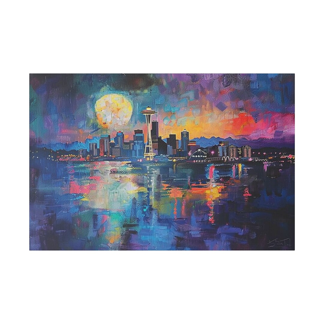 Seattle by Night, Oil Painting Canvas Wall Art - Etsy
