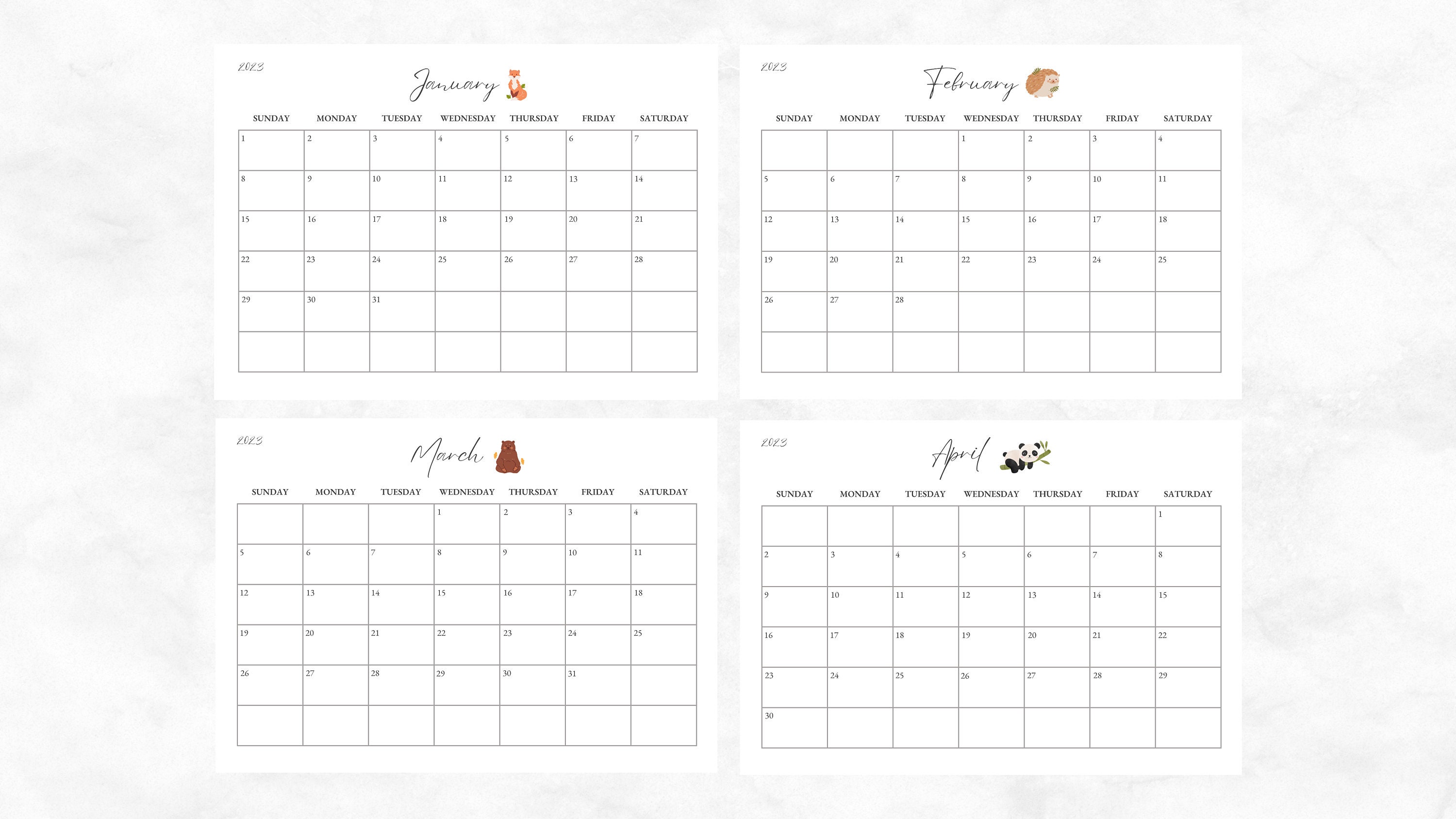 CUTE 2023 Monthly Printable Calendar minimalist Looking Sunday Start A3 ...