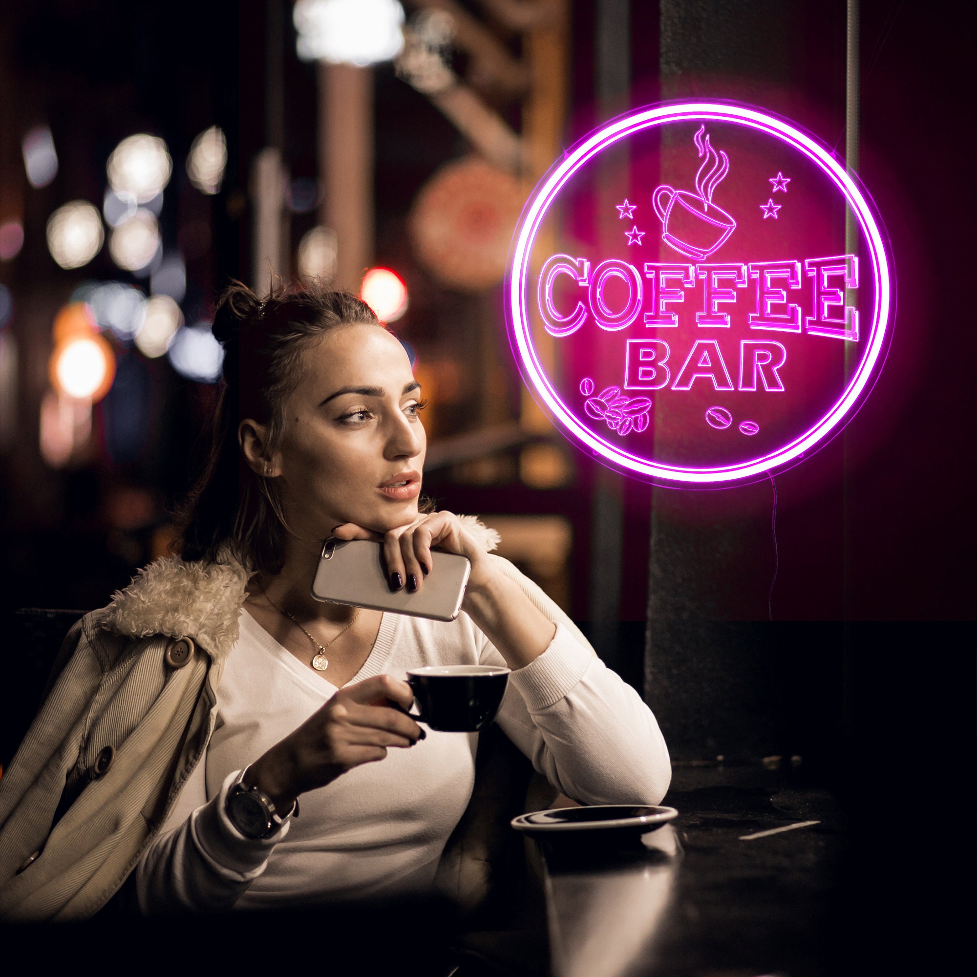 Coffee Bar Neon Sign, Dimmable USB Powered 12 Round Wall Decor Neon ...