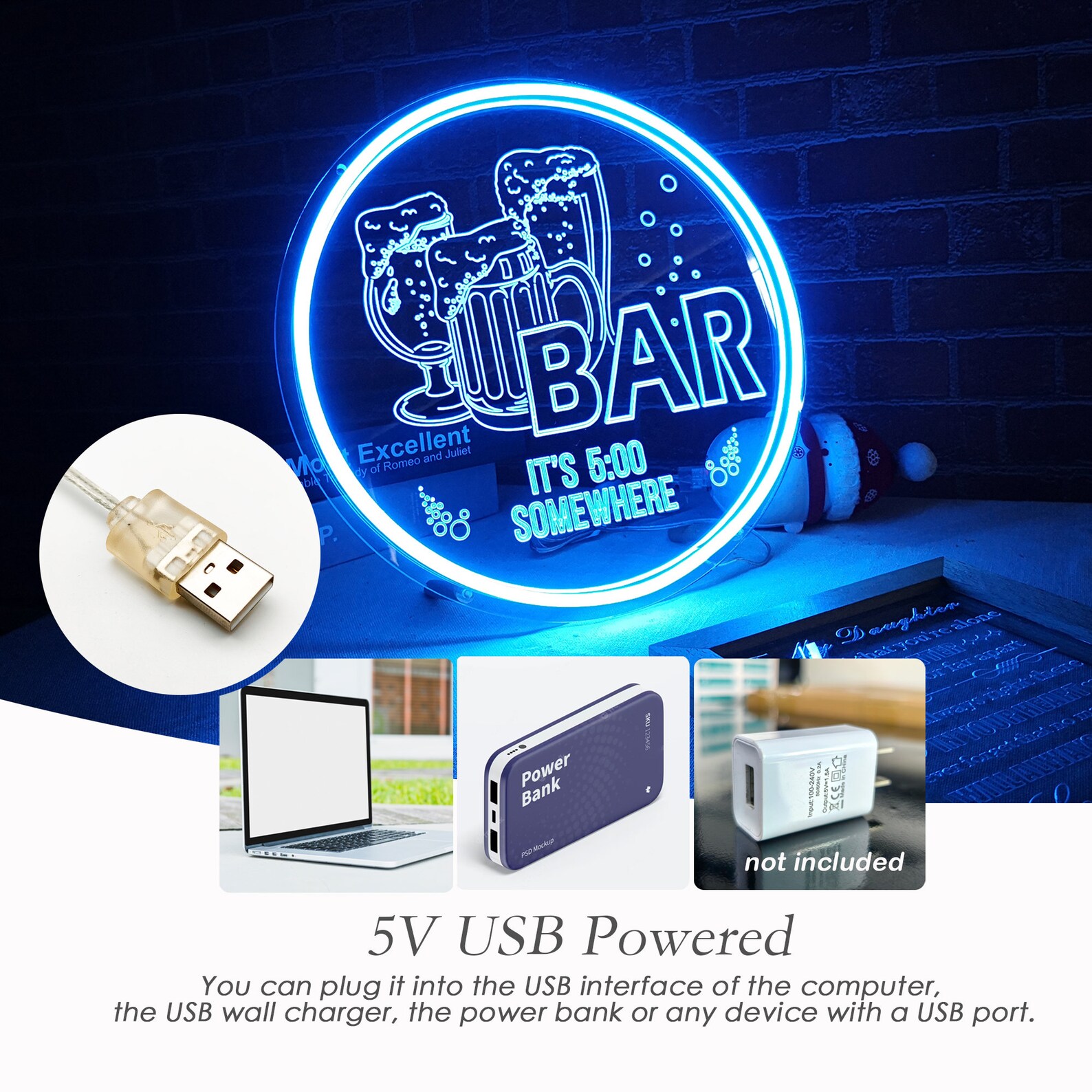 Neon Beer Bar Sign, Dimmable USB Powered 12 Round Neon Beer LED Light ...