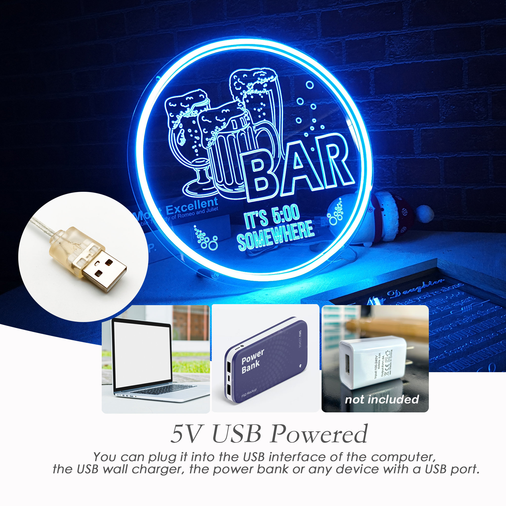 Neon Beer Bar Sign, Dimmable USB Powered 12 Round Neon Beer LED Light ...