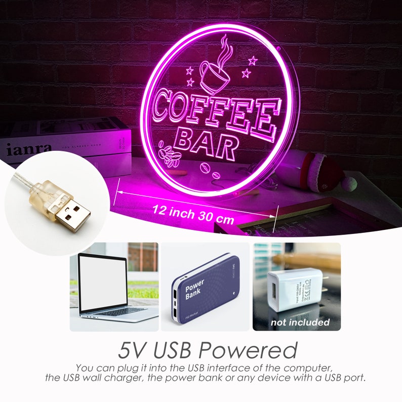 Coffee Bar Neon Sign, Dimmable USB Powered 12 Round Wall Decor Neon ...
