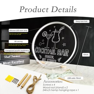 Cocktail Bar Neon Light Sign, Dimmable USB Powered 12 Round Neon ...