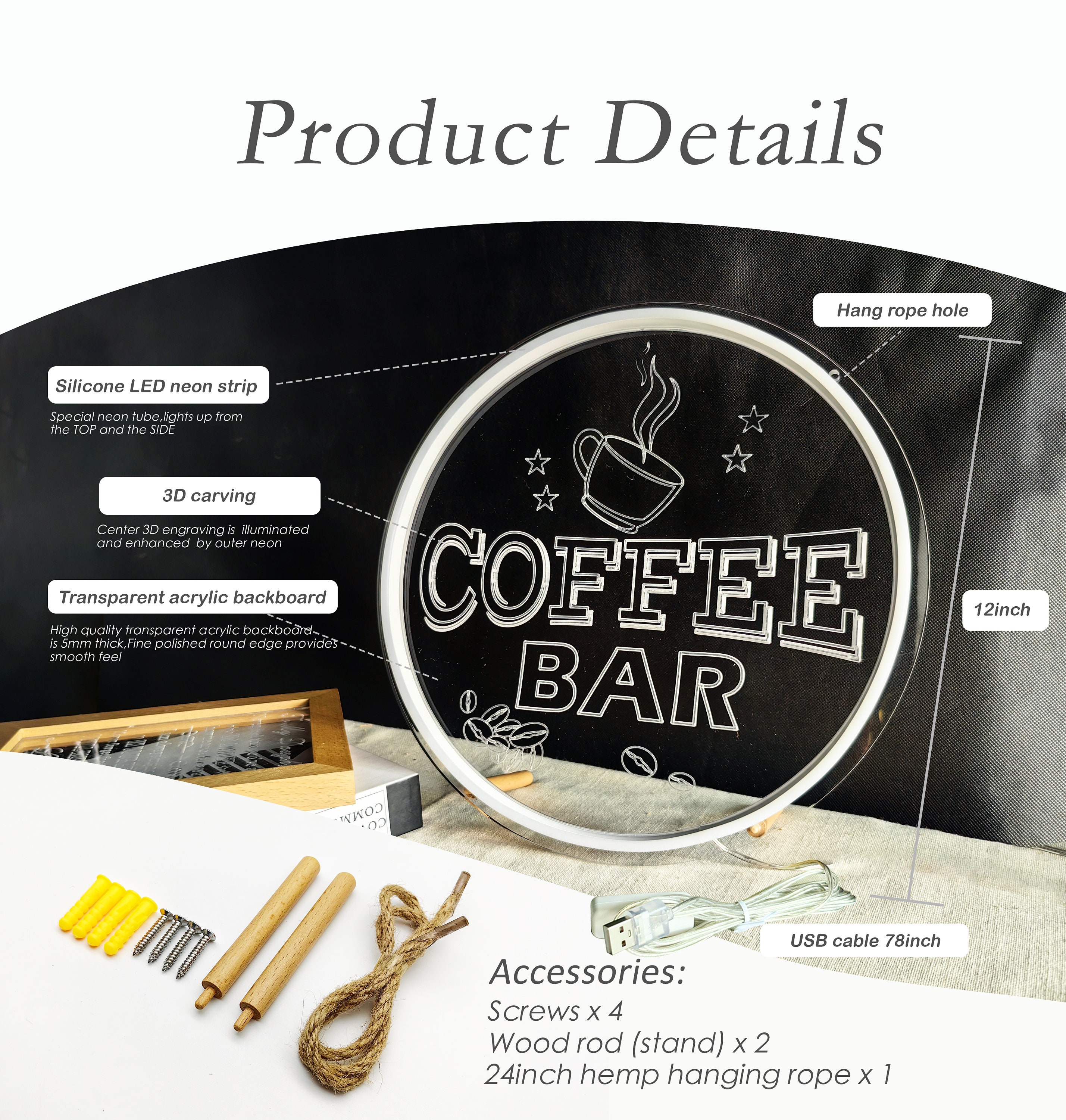 Coffee Bar Neon Sign, Dimmable USB Powered 12 Round Wall Decor Neon ...