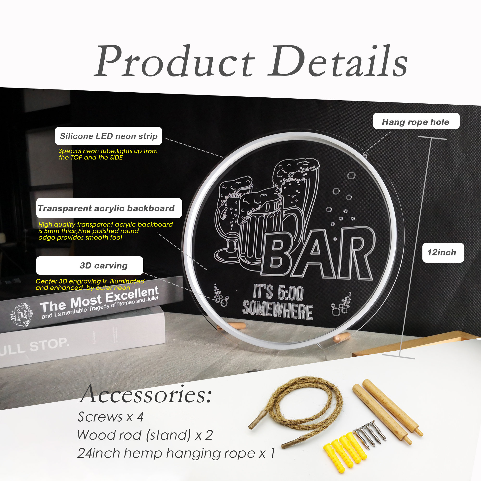 Neon Beer Bar Sign, Dimmable USB Powered 12 Round Neon Beer LED Light ...