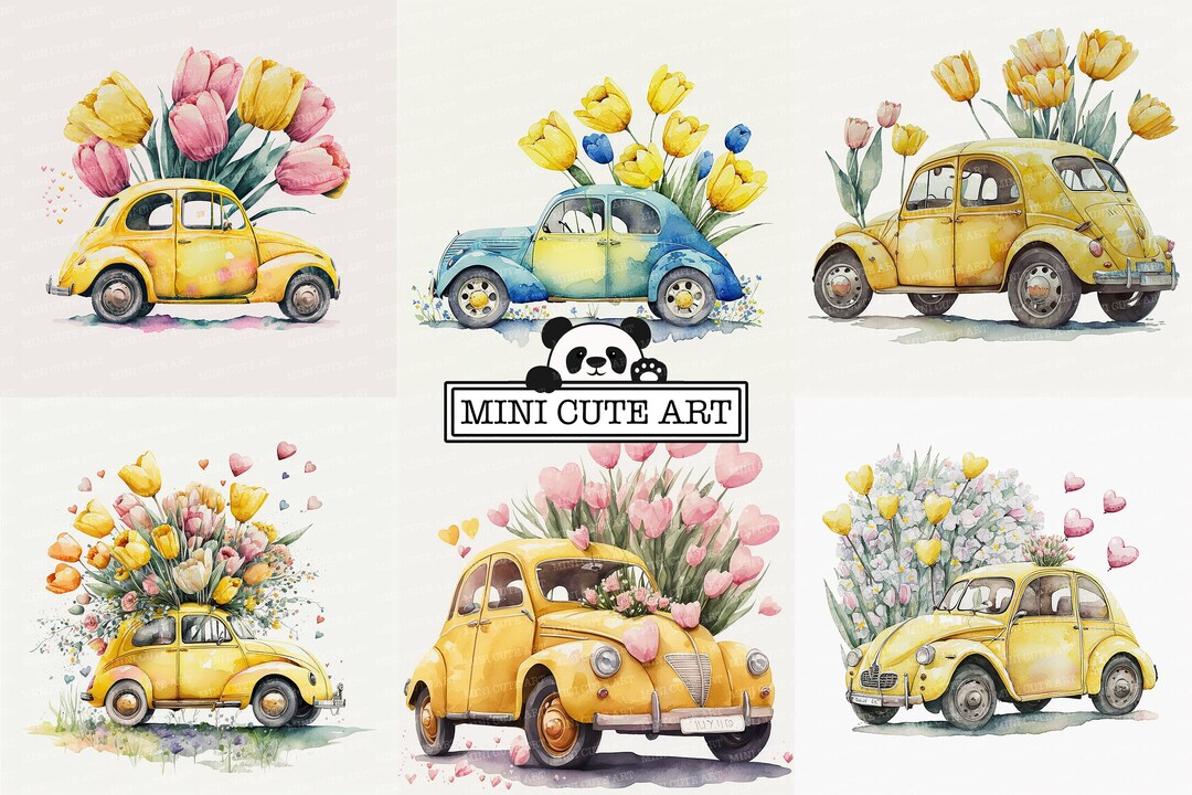 Yellow Retro Cars Clipart Set, Cars and Flowers Valentine's Day JPG ...