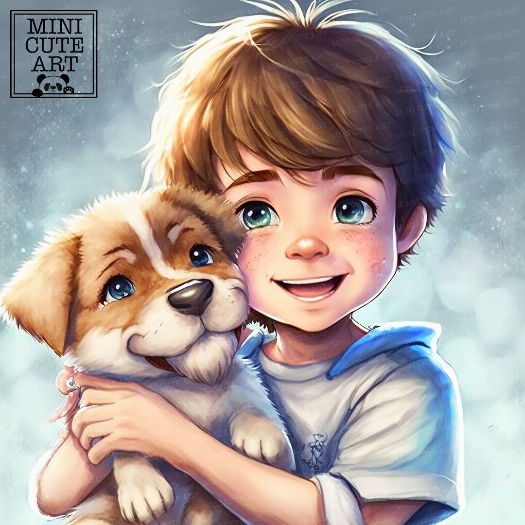 Watercolor Portrait of Boy and Dog Clip Art Children and - Etsy