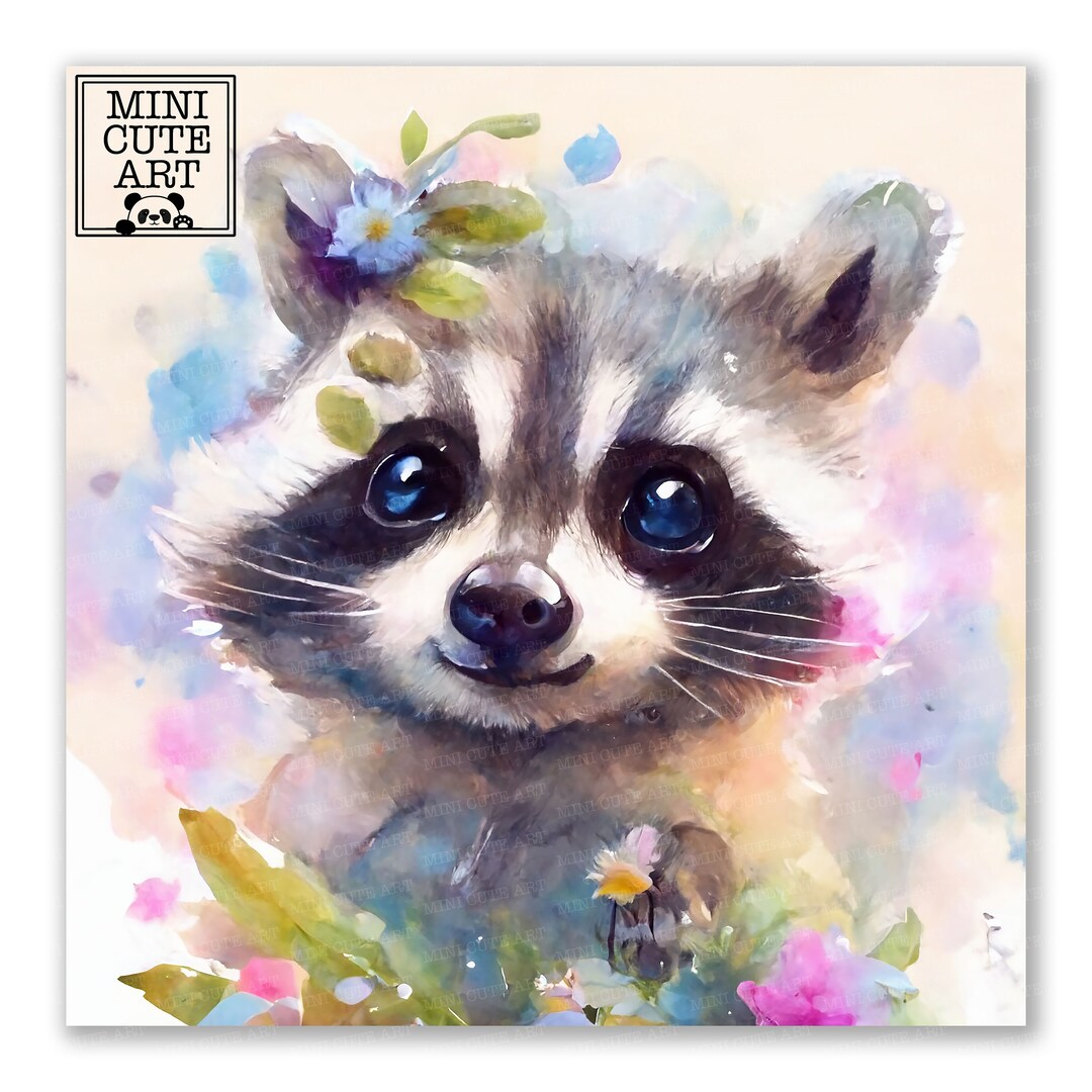 Cute Watercolor Raccoon Clip Art, Raccoon and Flowers Digital ...