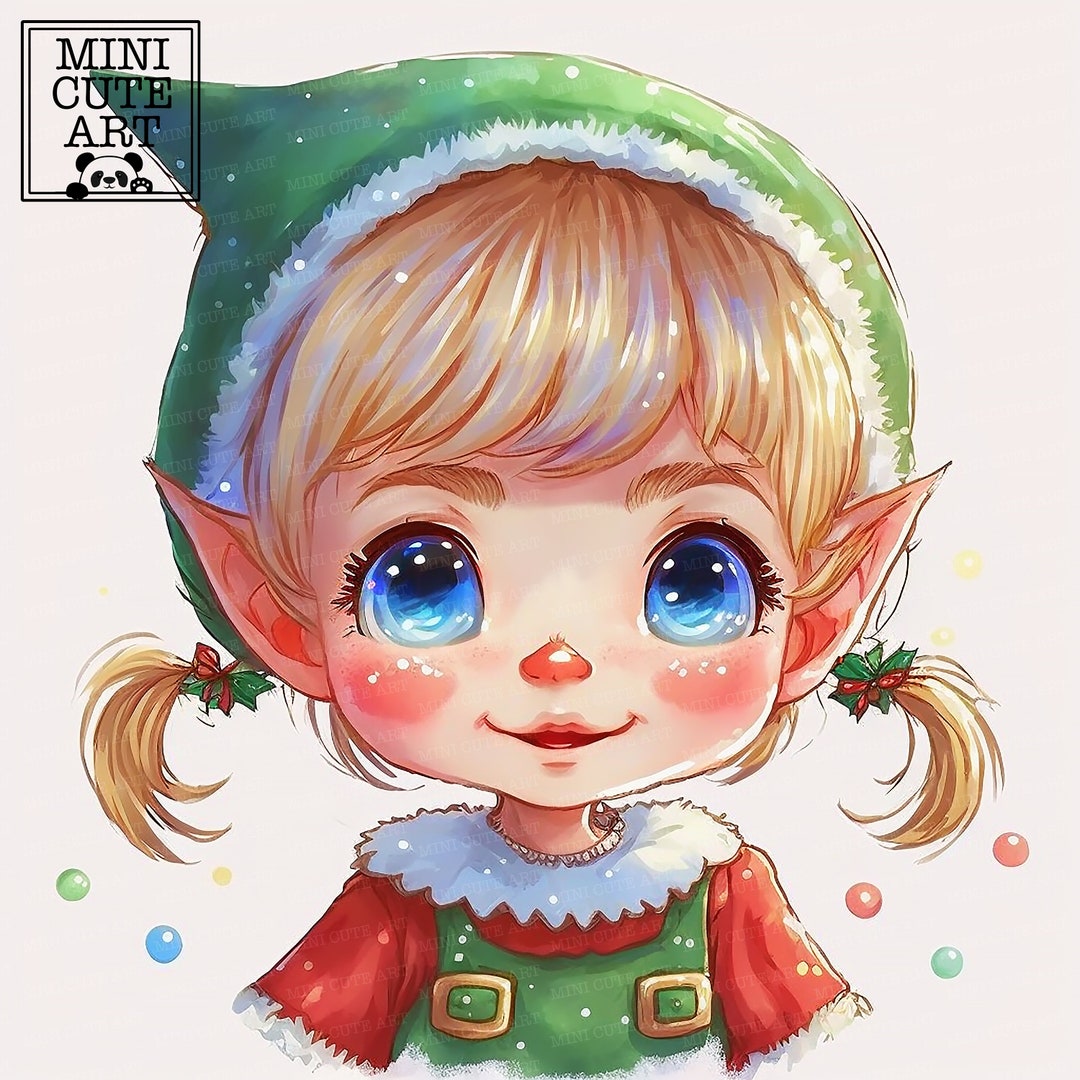 Cute Christmas Girl Elf Jpg, Watercolor Winter Elf JPG, Elf Portrait ...