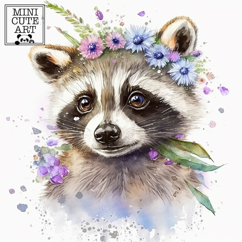 Watercolor Baby Raccoon Clip Art Raccoon and Flowers Digital - Etsy