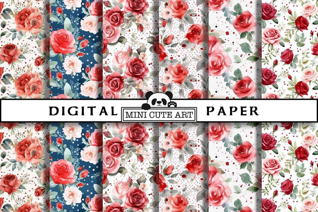 Watercolor Red Roses Digital Paper, Scrapbukng Sheets Digital Paper ...