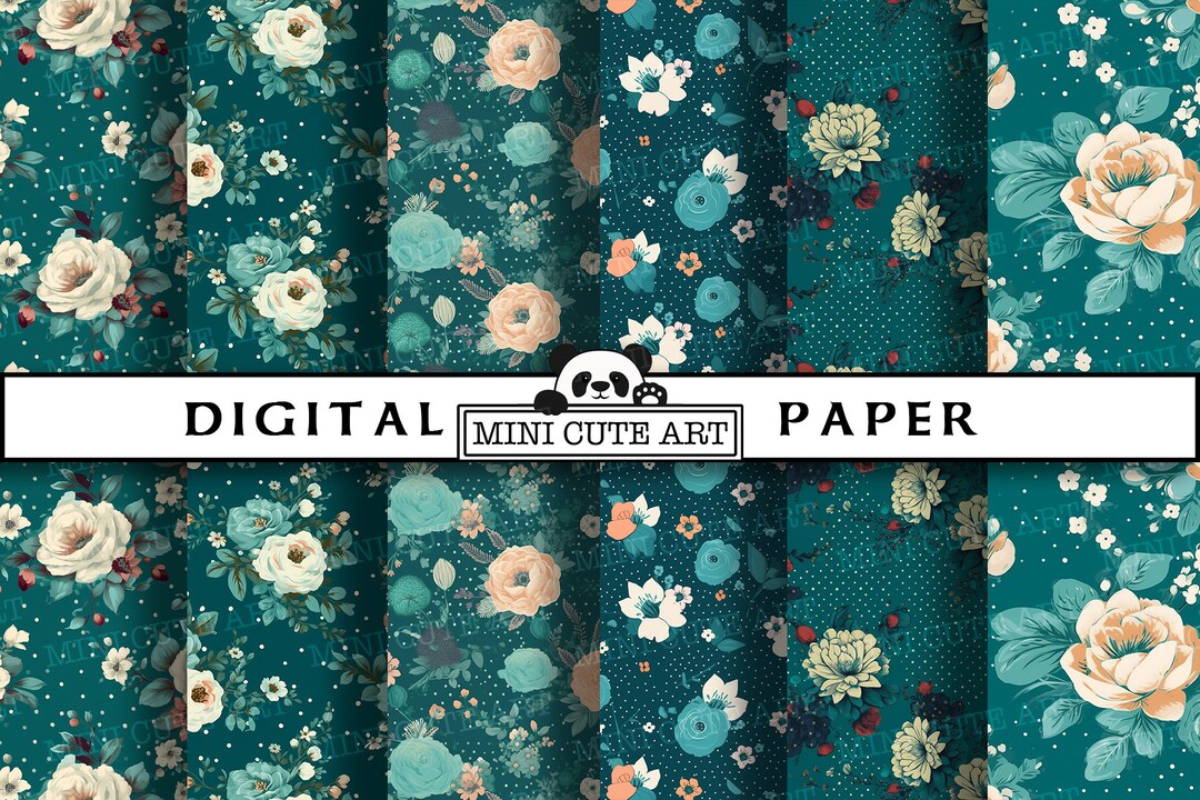 Teal Floral Digital Paper, Floral Digital Paper Pack, Vintage Scrapbook ...
