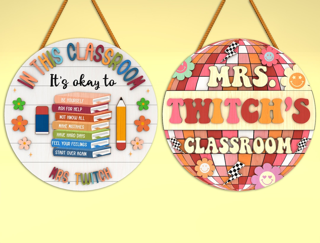 Personalized Teacher Round Door Sign Svg, Retro Disco Ball Teacher Door ...