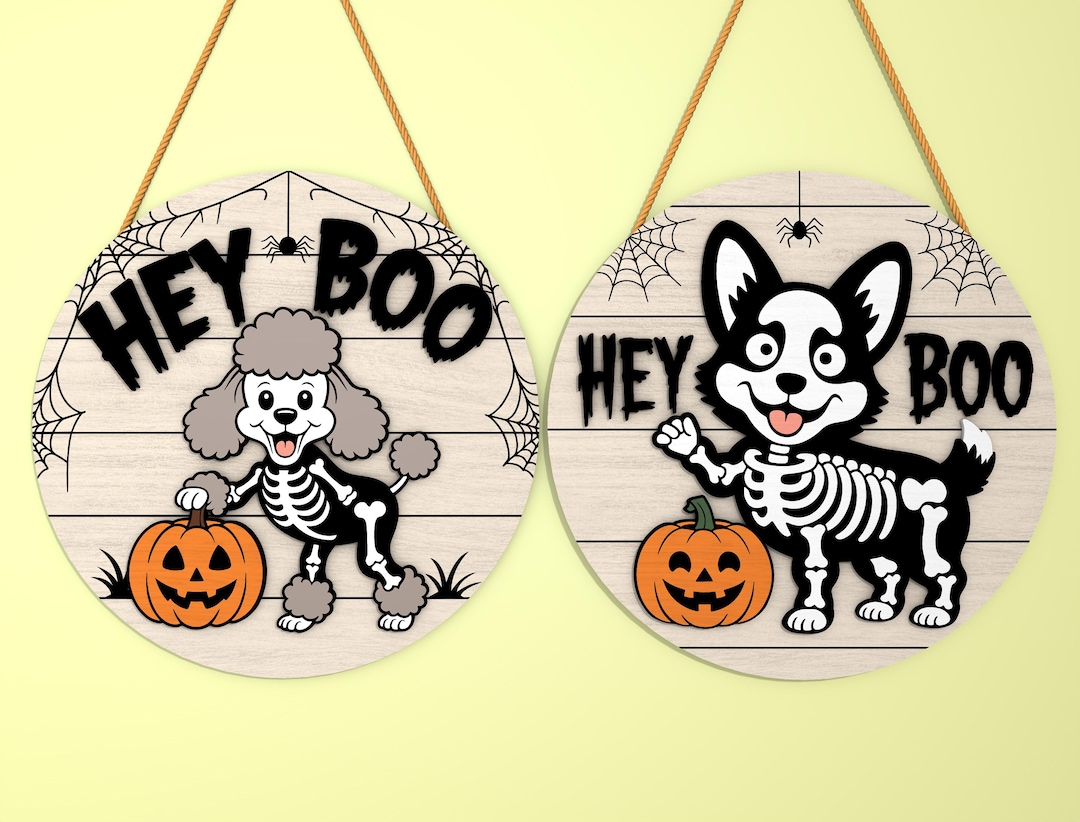 Hey Boo Skeleton Dog Door Hanger SVG, Halloween Corgi & Poodle Door ...