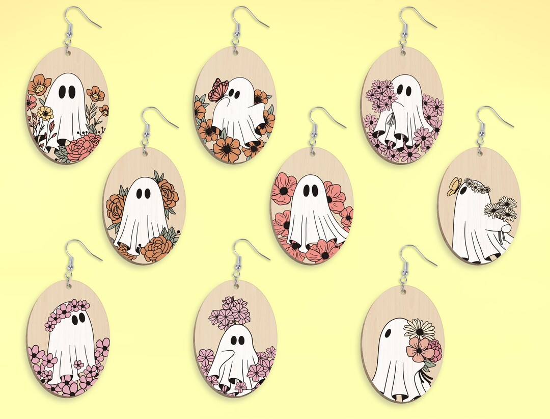 Halloween Cute Ghost Flower Earring Svg Bundle, Boho Halloween Earring ...