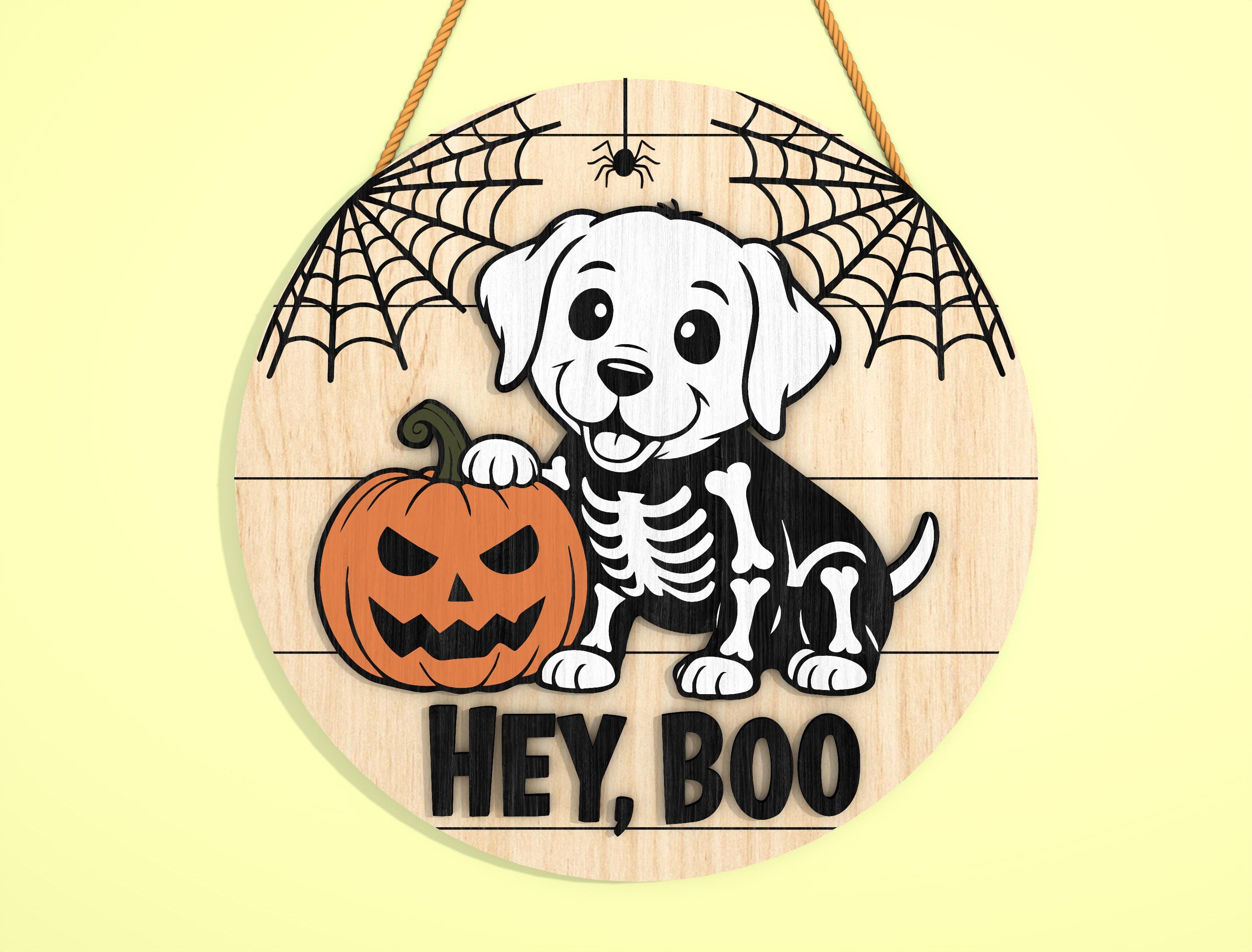 Hey Boo Skeleton Dog Door Hanger SVG, Halloween English Bulldog ...