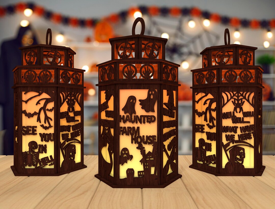 3D Halloween Lantern Laser Cut File, Halloween Scene Lantern Svg ...