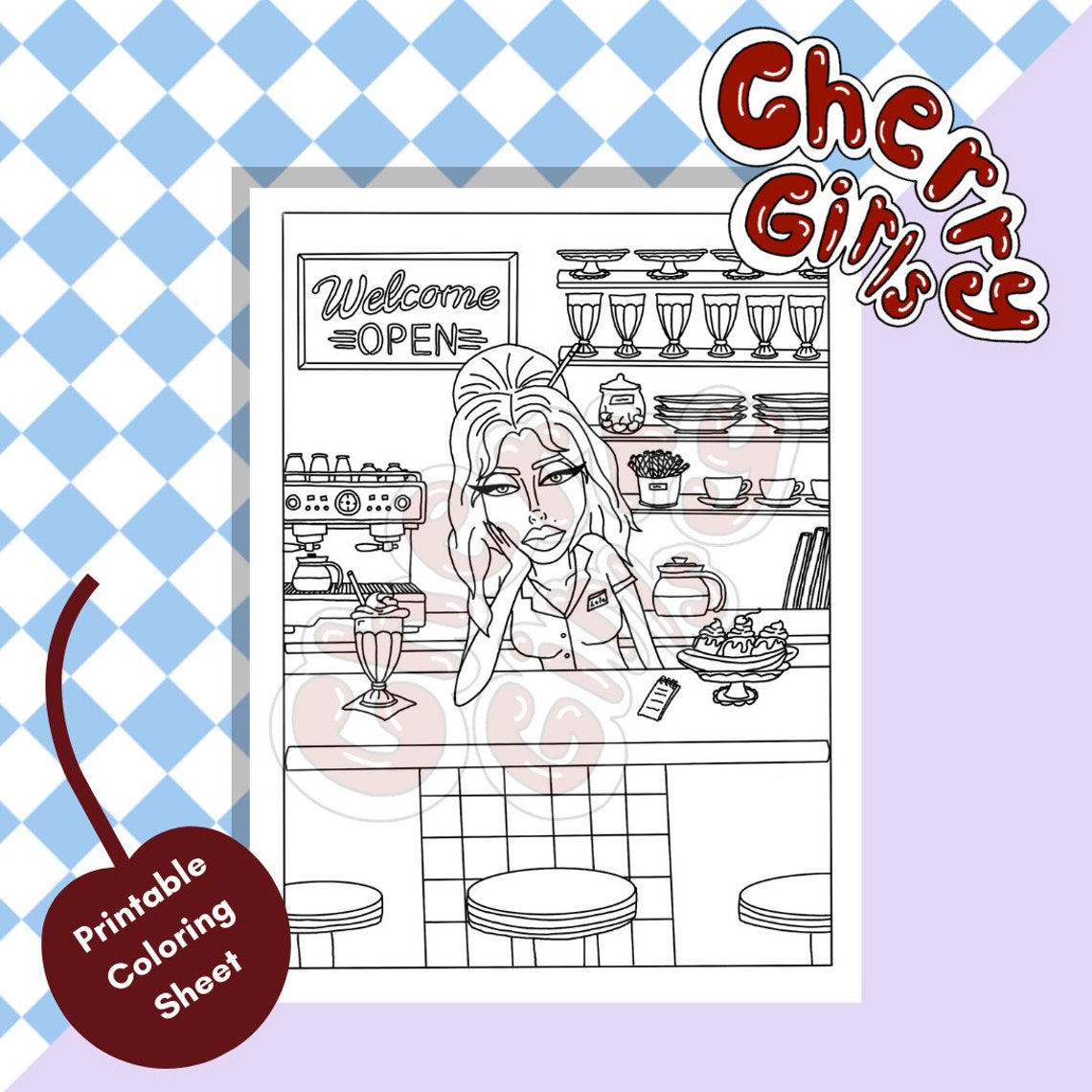 Milkshake Diner Cherry Girl Coloring Sheet - Retro Diner Inspired ...