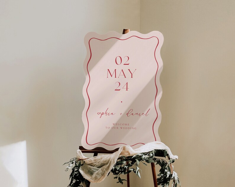 Wavy Wedding Sign Template Pink Wave Wedding Sign Modern Welcome Sign ...
