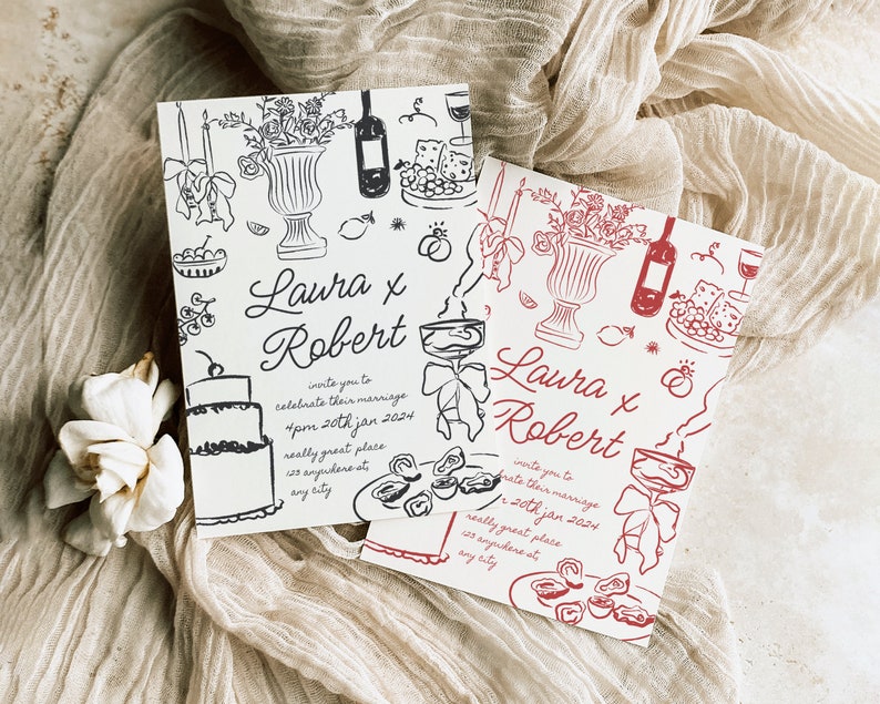 Hand Drawn Wedding Invitation Suite Whimsical Invite Dinner ...