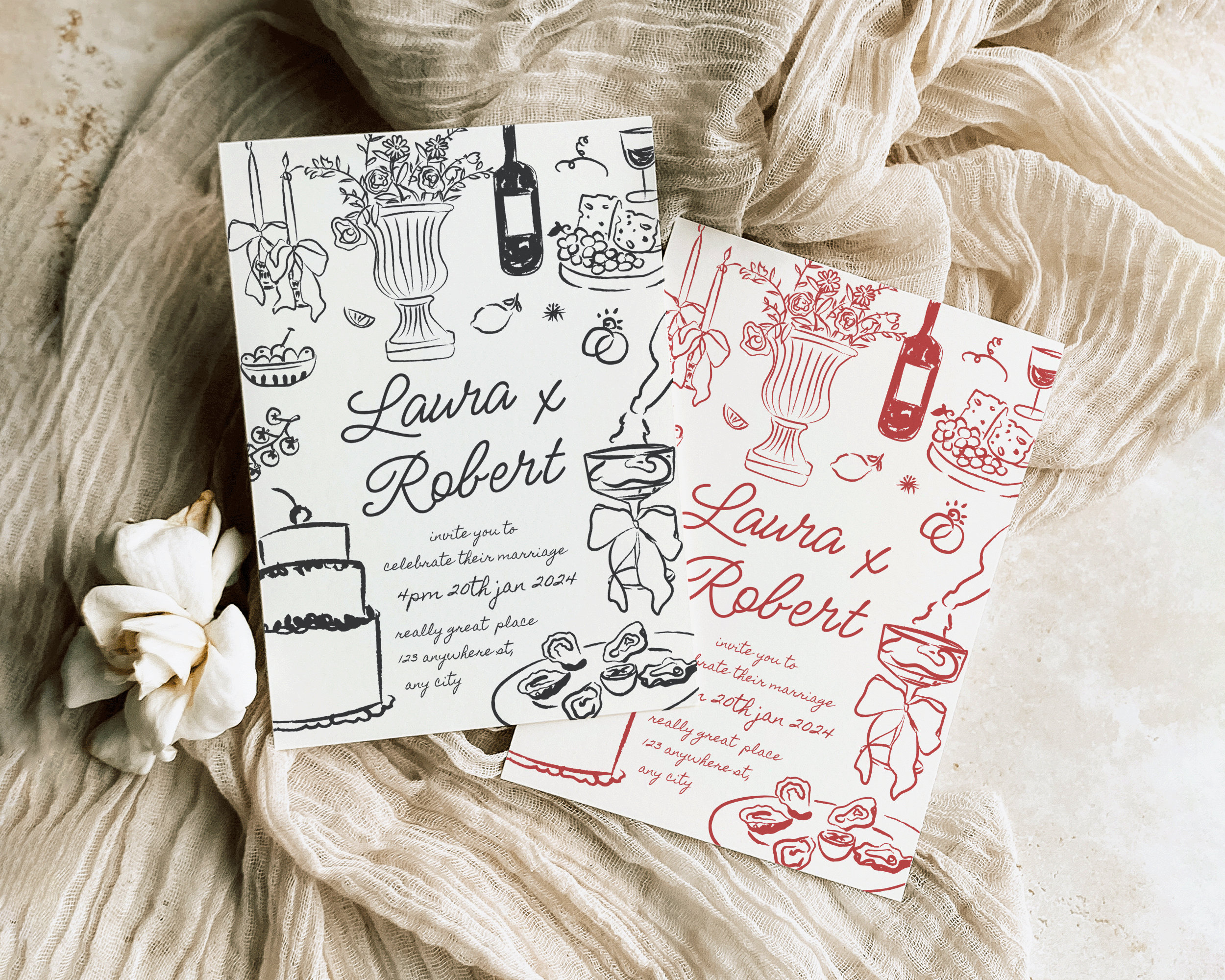 Hand Drawn Wedding Invitation Suite Whimsical Invite Dinner ...