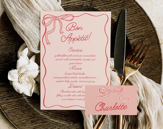 Pink Bow Menu & Bow Place Card Templates Wavy Menu, Shaped Place Cards ...