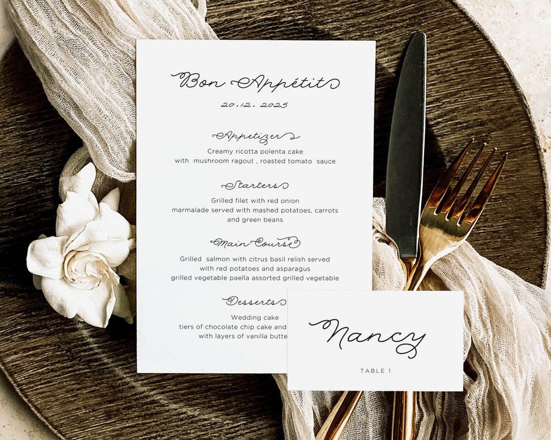 Menu & Place Card Template Hand Drawn Menu Template Party Menu Place ...