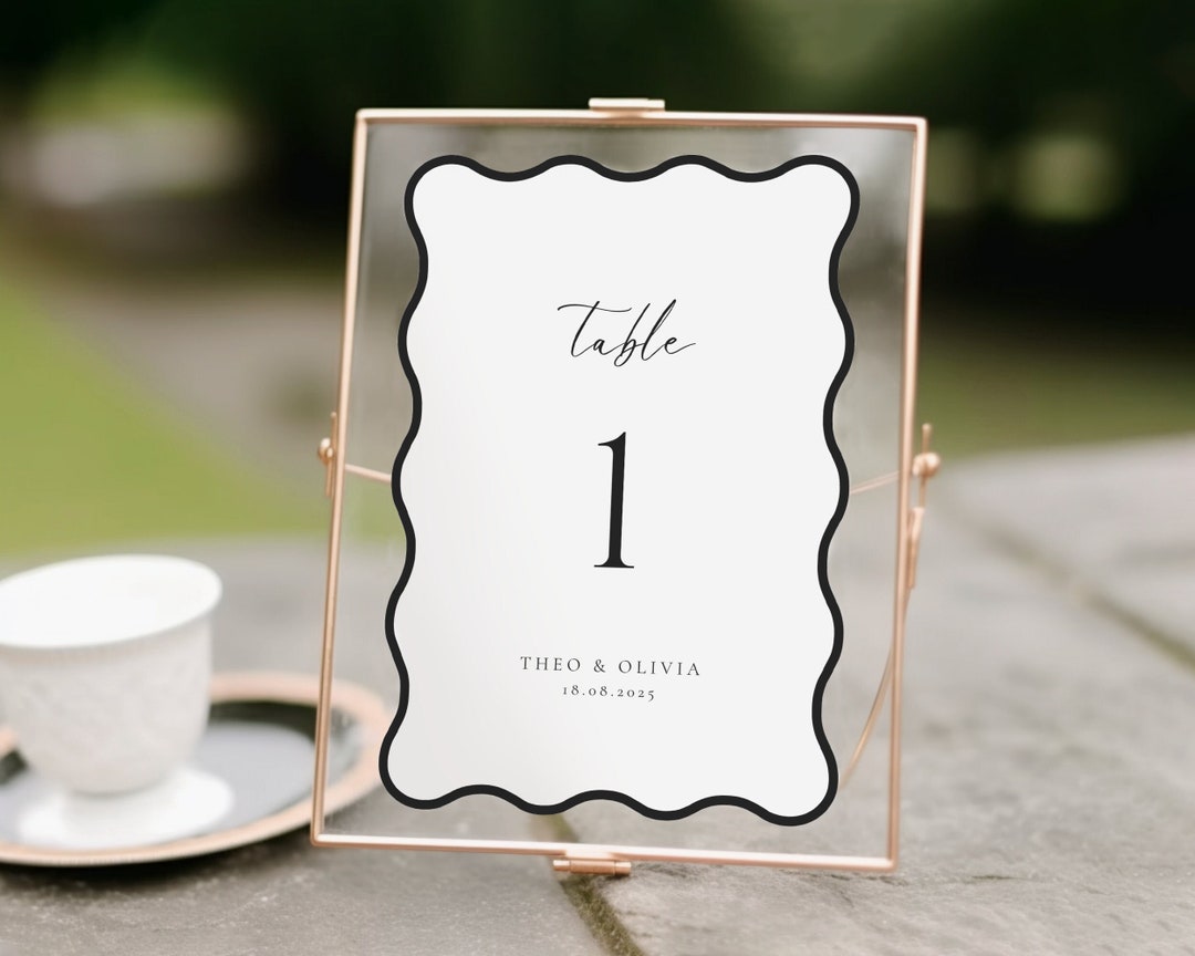 Black Wavy Table Number Sign Template | Luxury Wedding Table Number ...