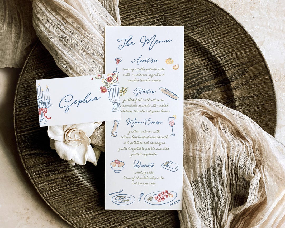 Menu & Place Card Template | Place Card | Menu Guest Card | Hand Drawn ...