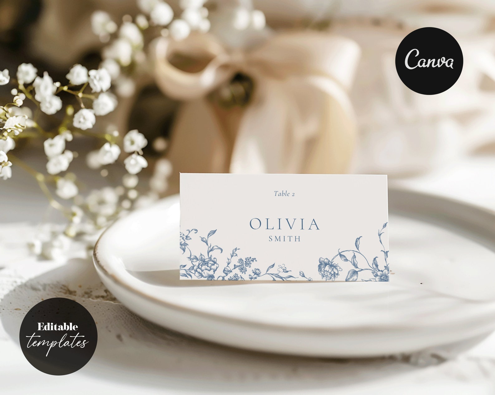 Dusty Blue Menu & Place Card Template French Rose Menu Template Toile ...