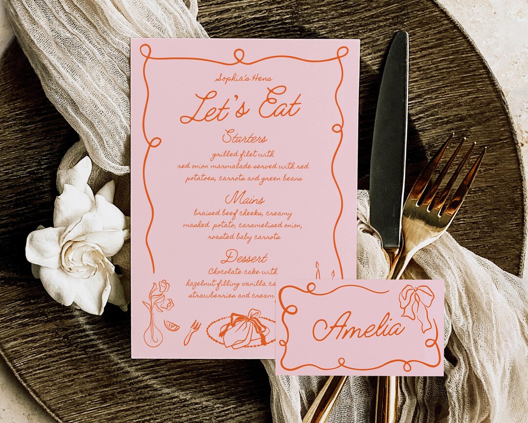 Hens Night Menu & Place Card Template | Hens Night Menu | Hand Drawn ...