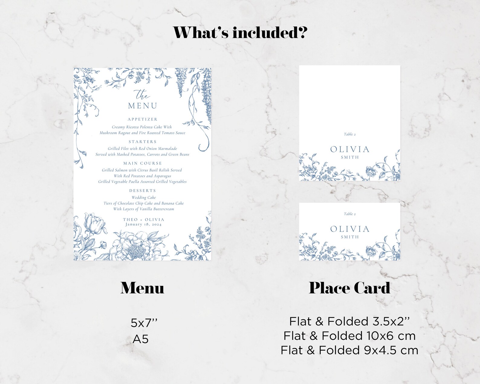 Dusty Blue Menu & Place Card Template French Rose Menu Template Toile ...