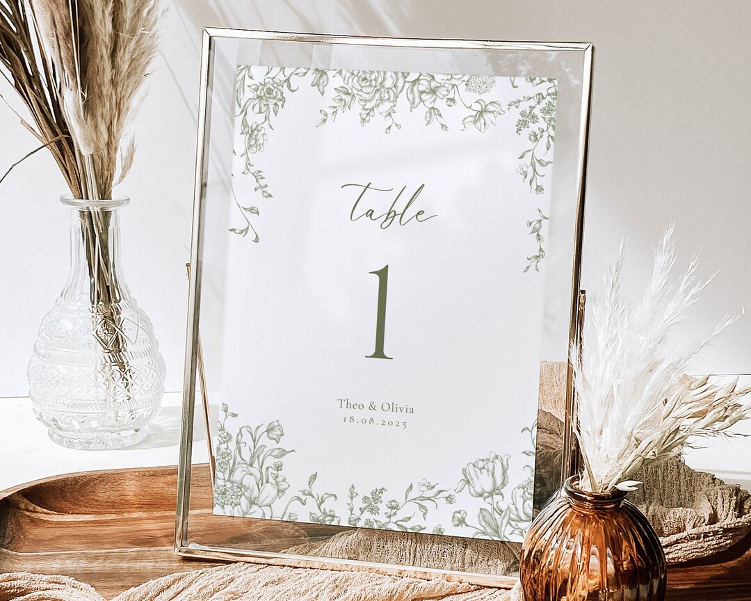 Green Wedding Table Numbers Template | Green Floral Table Numbers Sign ...