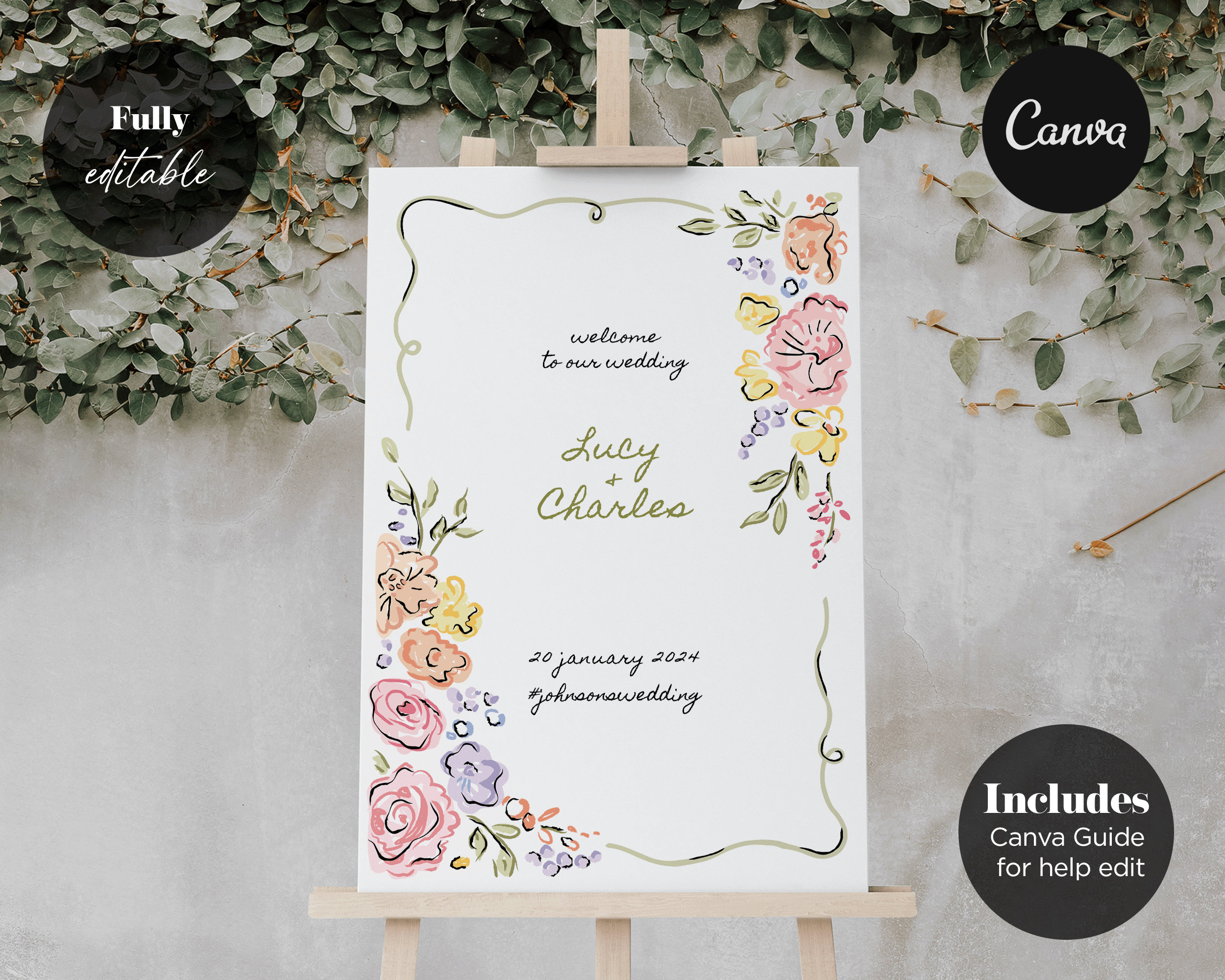 Hand Drawn Floral Wedding Welcome Sign Garden Party Welcome Sign Floral ...