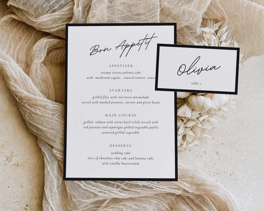 Handwritten Menu & Place Card Template | Black Frame | Elegant Menu ...